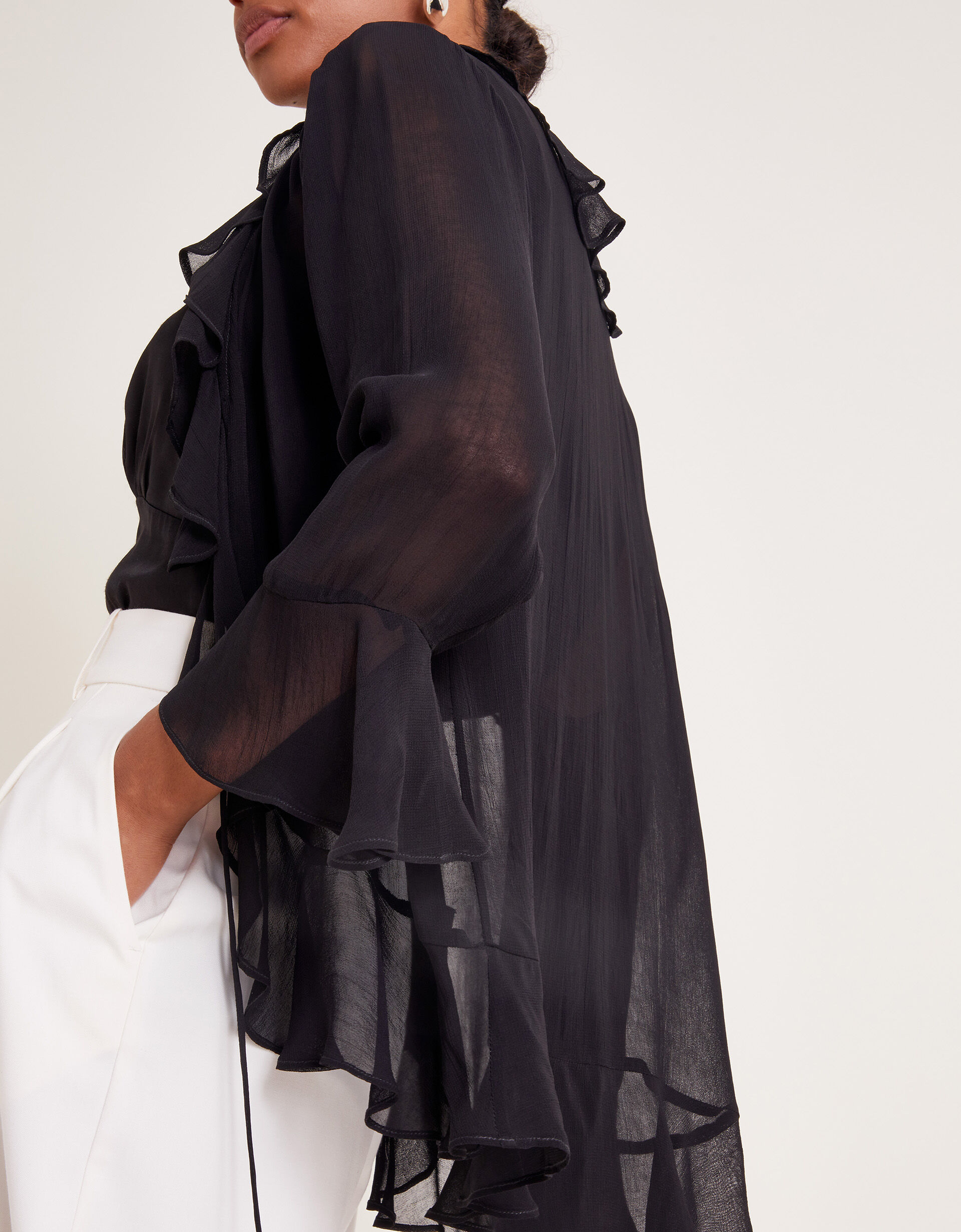 Fiona Sheer Frill Tie-Front Blouse Black