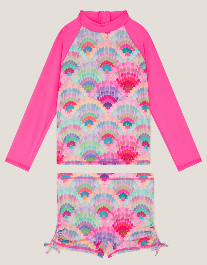 Rainbow Shell Print UPF50+ Long Sleeve Swim Set Pink | Girls' Beach ...