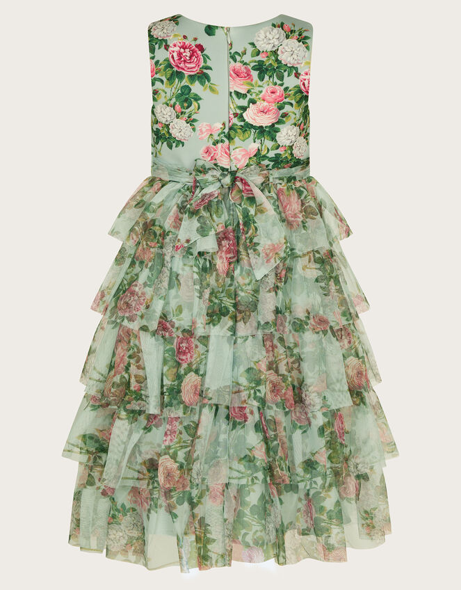 Flora Rose Print Tiered Tulle Dress Green | Girls' Dresses | Monsoon UK.
