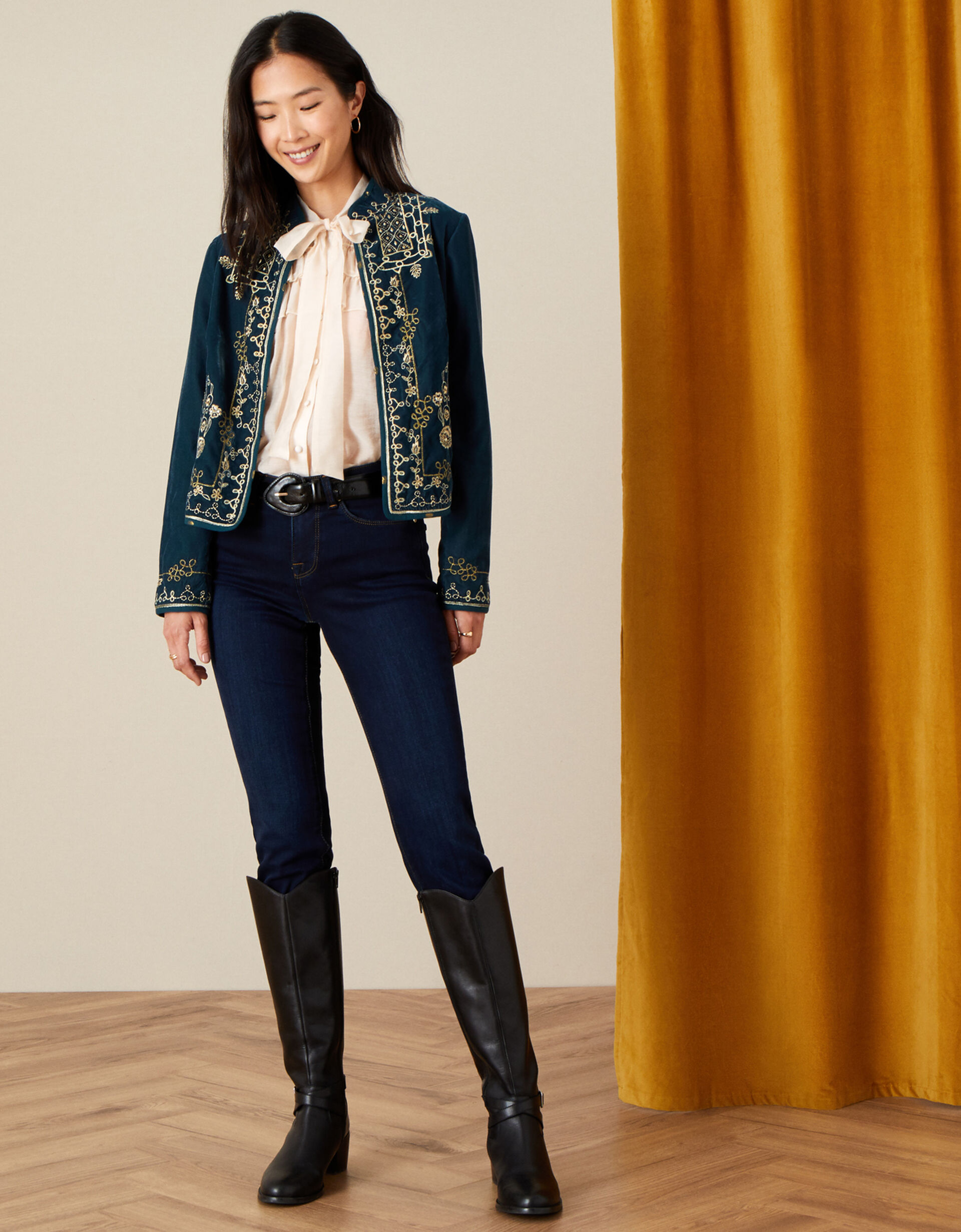 Embroidered Velvet Jacket Teal | Women's Jackets | Monsoon UK.