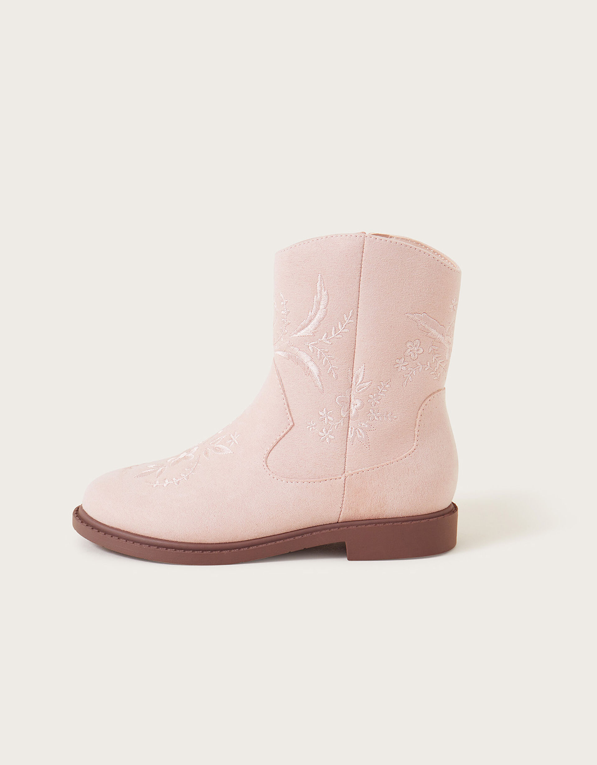 Suede Embroidered Floral Cowboy Boots Pink