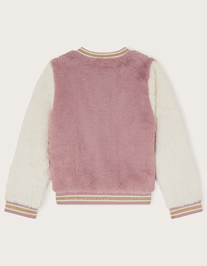 Faux Fur Varsity Bomber Jacket Pink