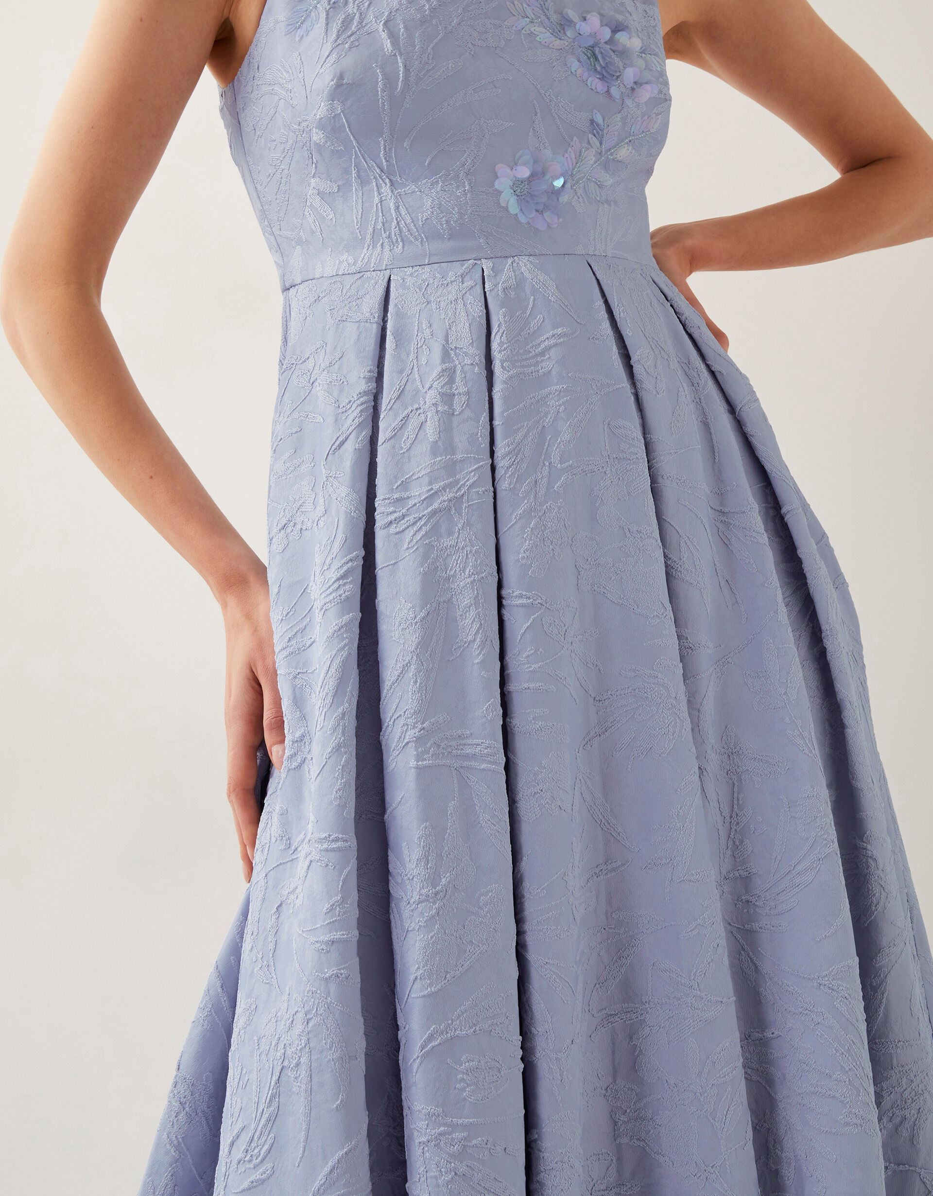 Fallon Hand-Beaded Jacquard Midi Dress Blue | Evening Dresses | Monsoon UK.