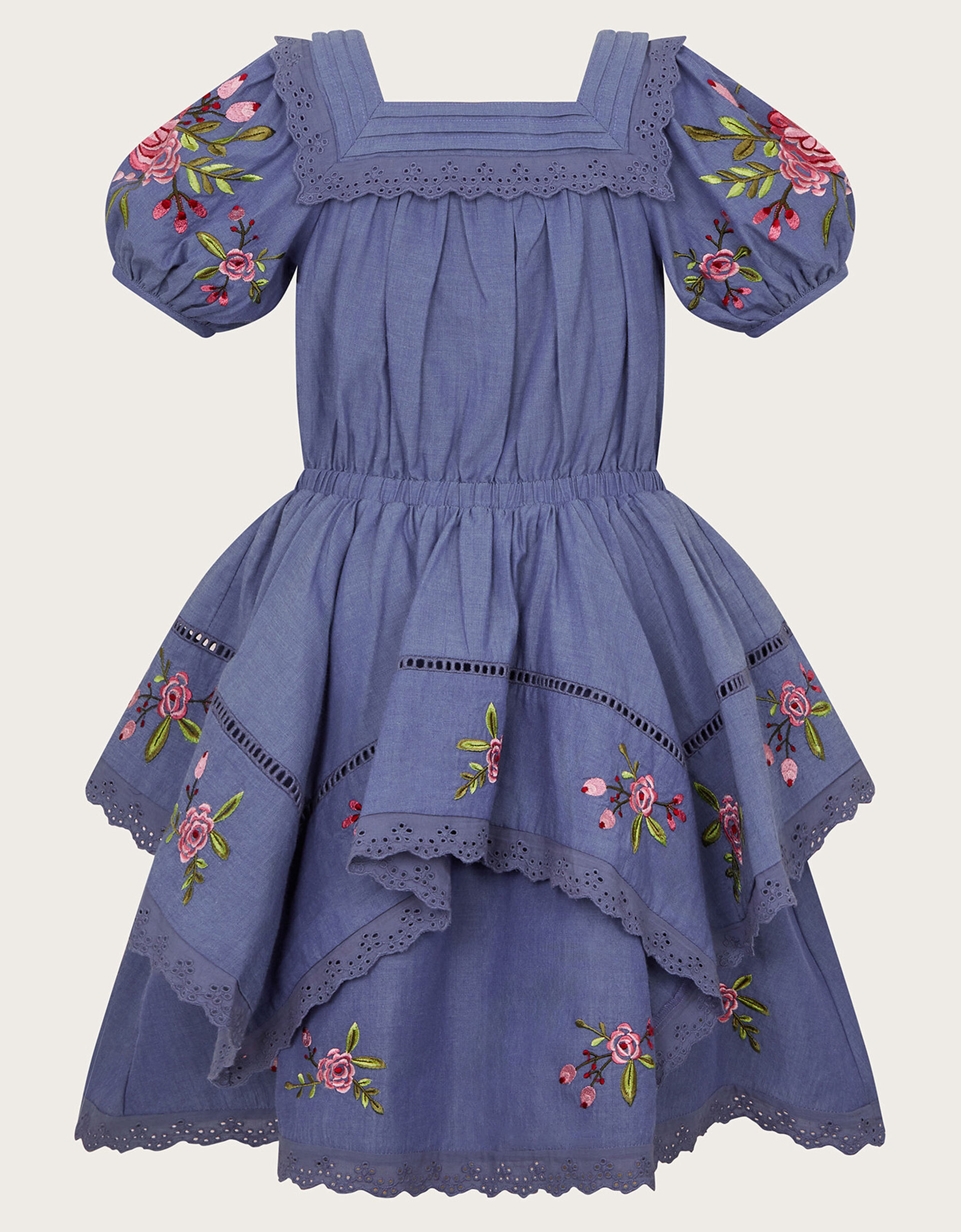 Boutique Embroidered Pin Tuck Dress Blue | Girls' Dresses | Monsoon UK.