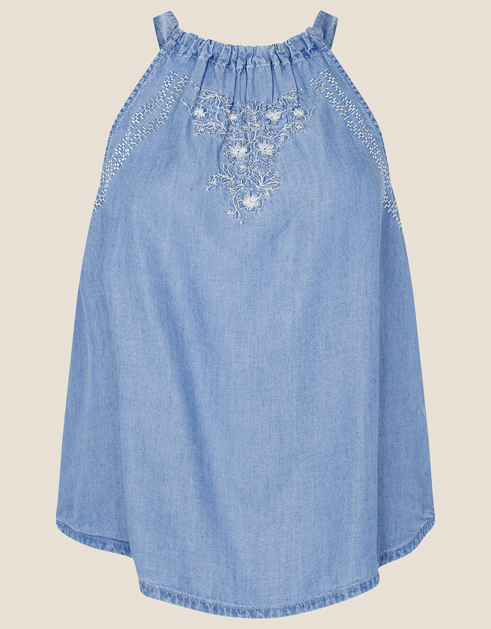 Denim Embellished Halter Top Blue
