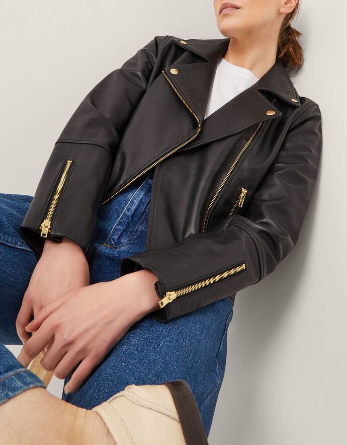 Leather Biker Jacket Black | Women's Jackets | Monsoon UK.