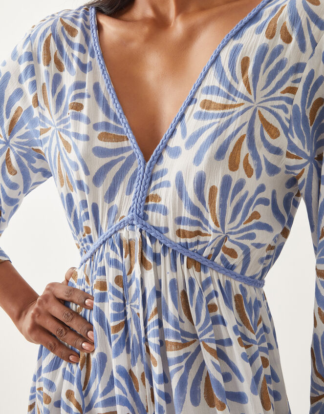 Cece V-Neck Woodblock Print Midi Dress Blue