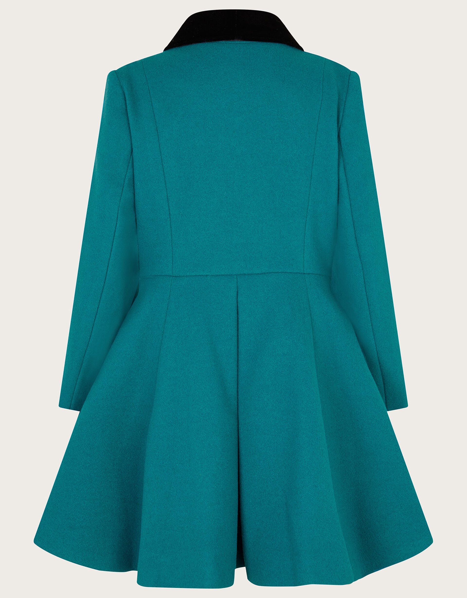 Velvet Trim Skirted Wool Blend Coat Teal