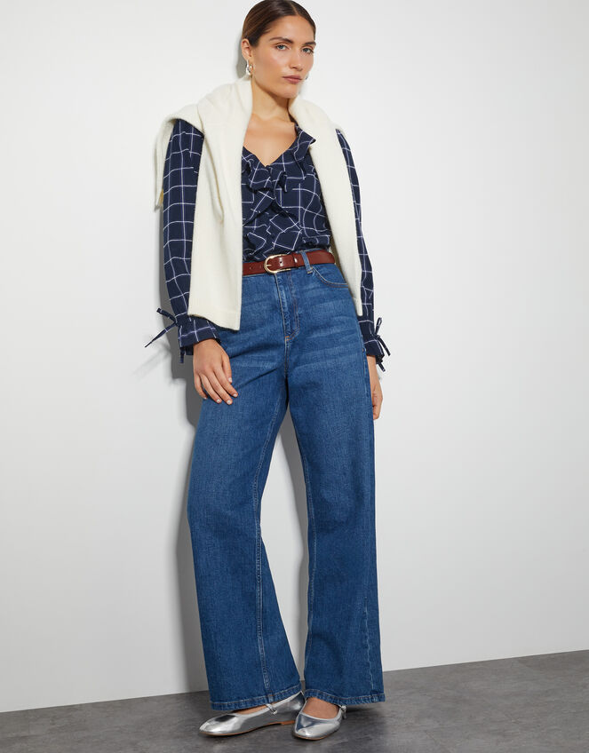 Frankie Check Print Ruffle Blouse Blue | Tops & T-shirts | Monsoon UK.
