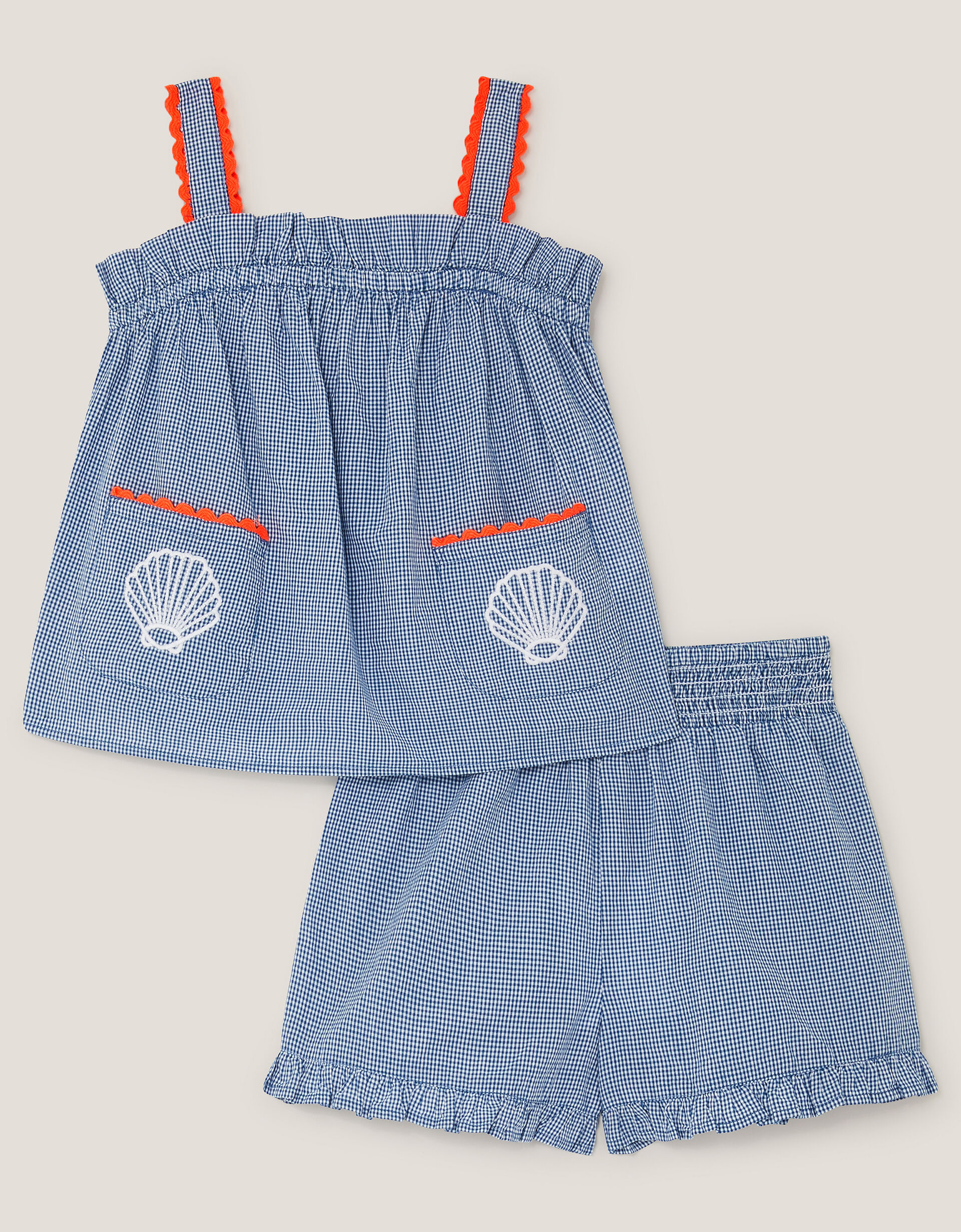 Embroidered Gingham Top & Shorts Set Blue