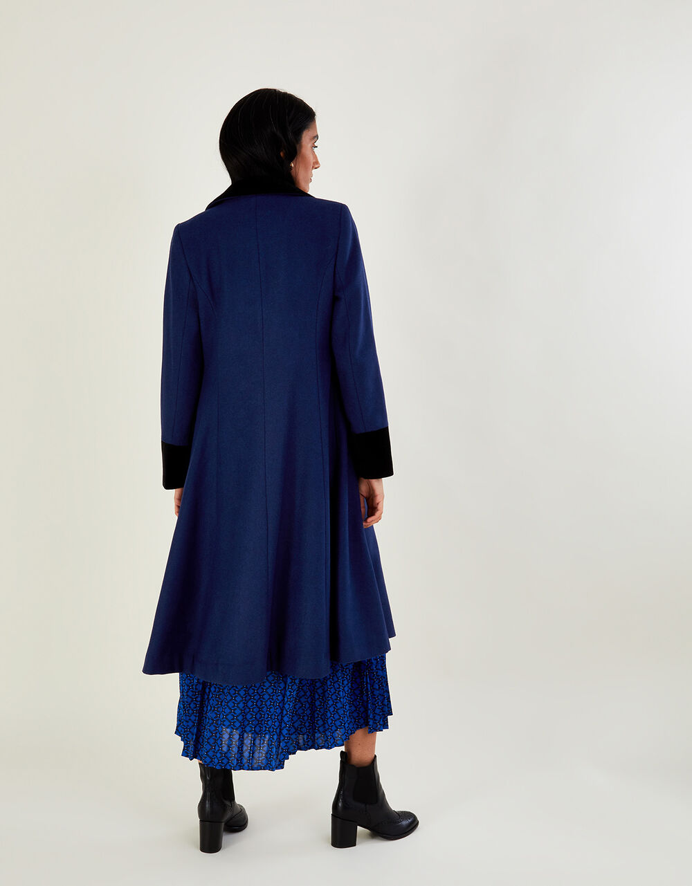 Velvet Trim Skirted Coat Blue | Women's Coats | Monsoon UK.