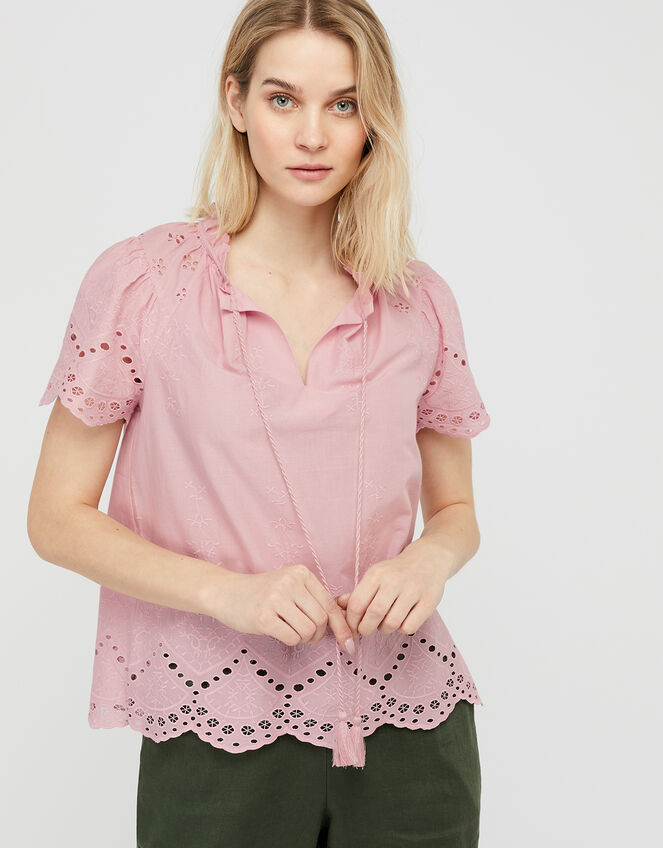Suzie Schiffli Top in Organic Cotton Pink | Tops & T-shirts | Monsoon UK.
