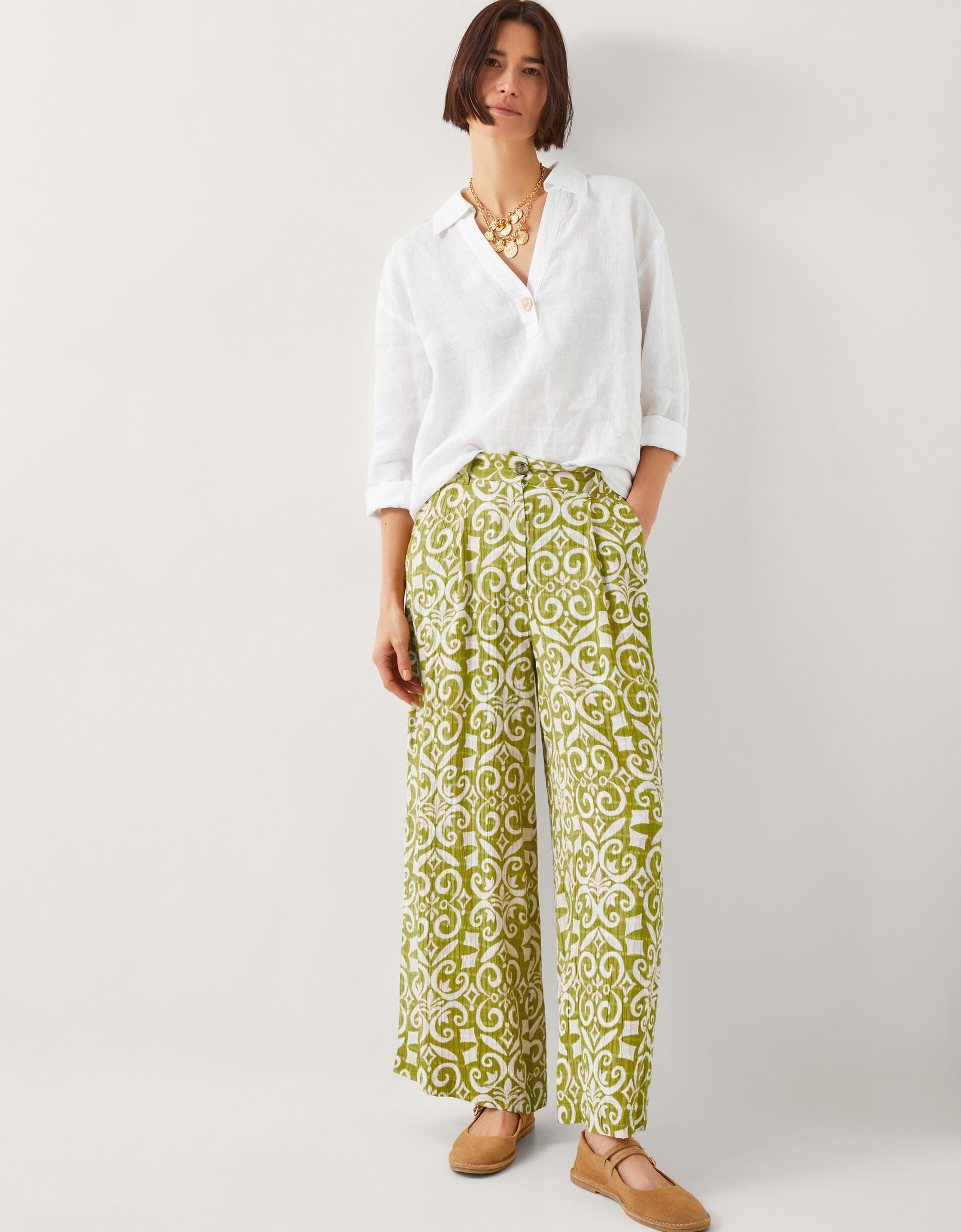 Trinny Hand-Screen Print Wide Leg Trousers Green | Trousers & Leggings ...