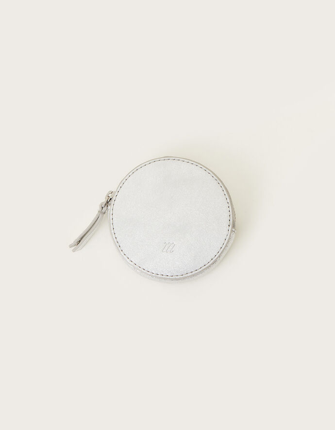 Metallic Leather Round Coin Purse Silver
