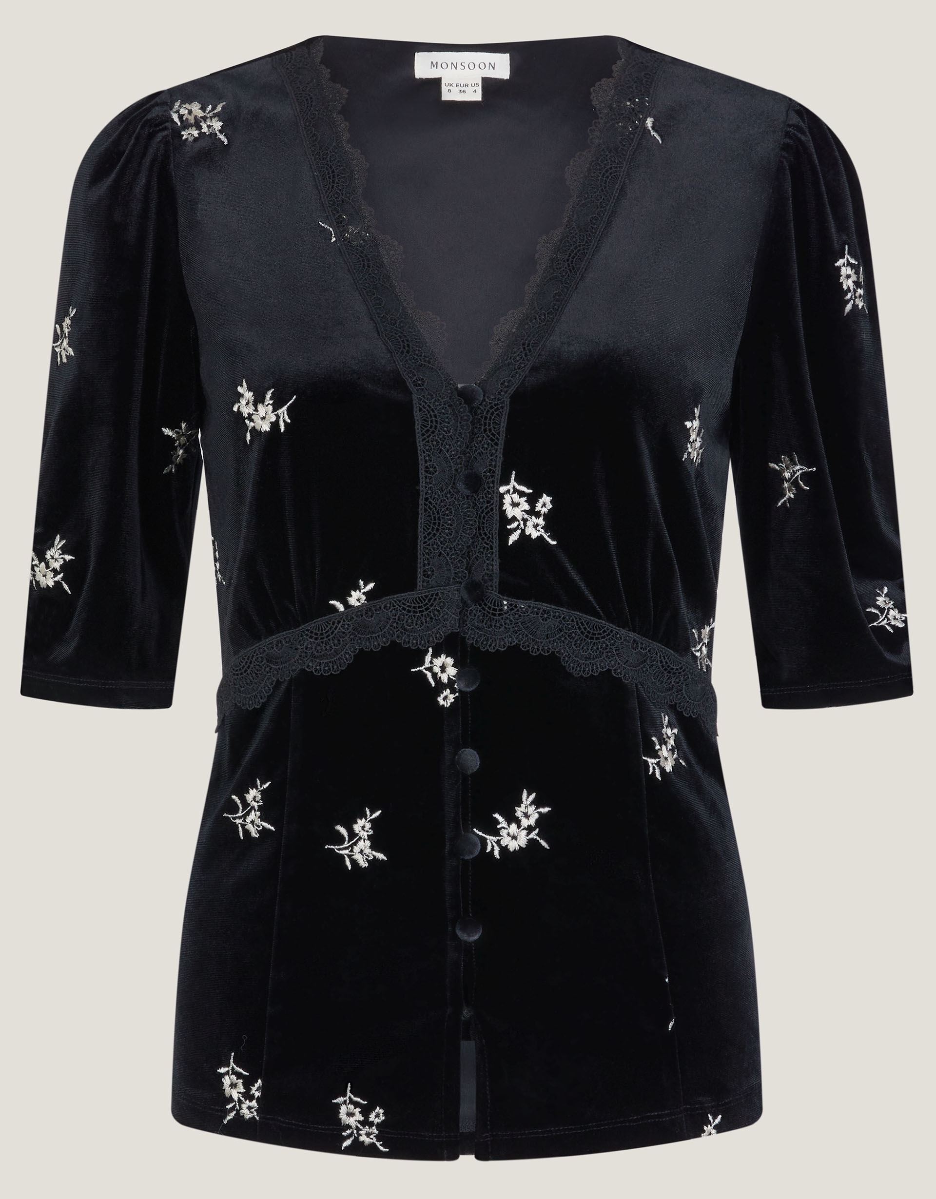 Erin Floral Lace Velvet Top Black