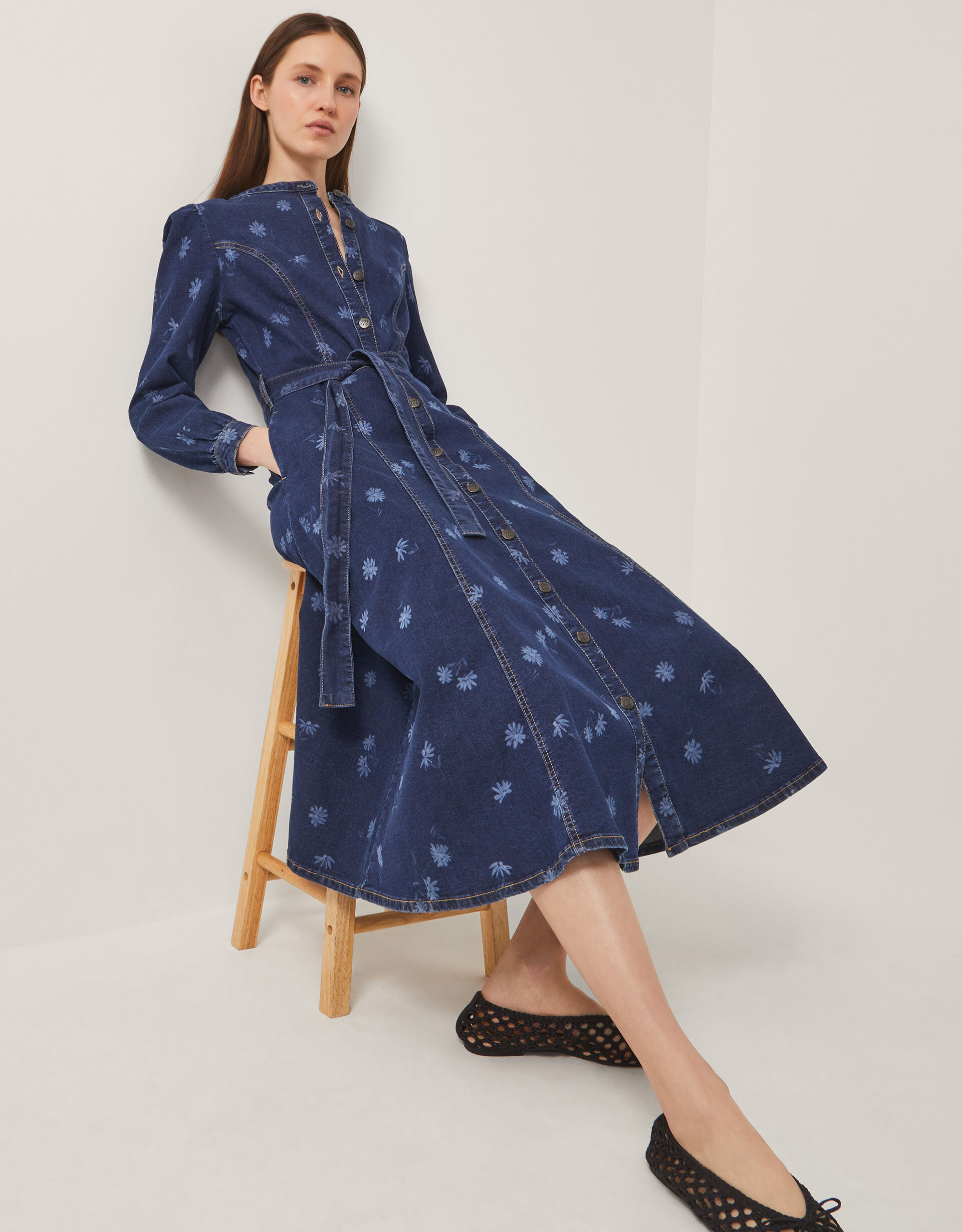 Lulu Daisy Denim Midi Dress Blue | Day Dresses | Monsoon UK.