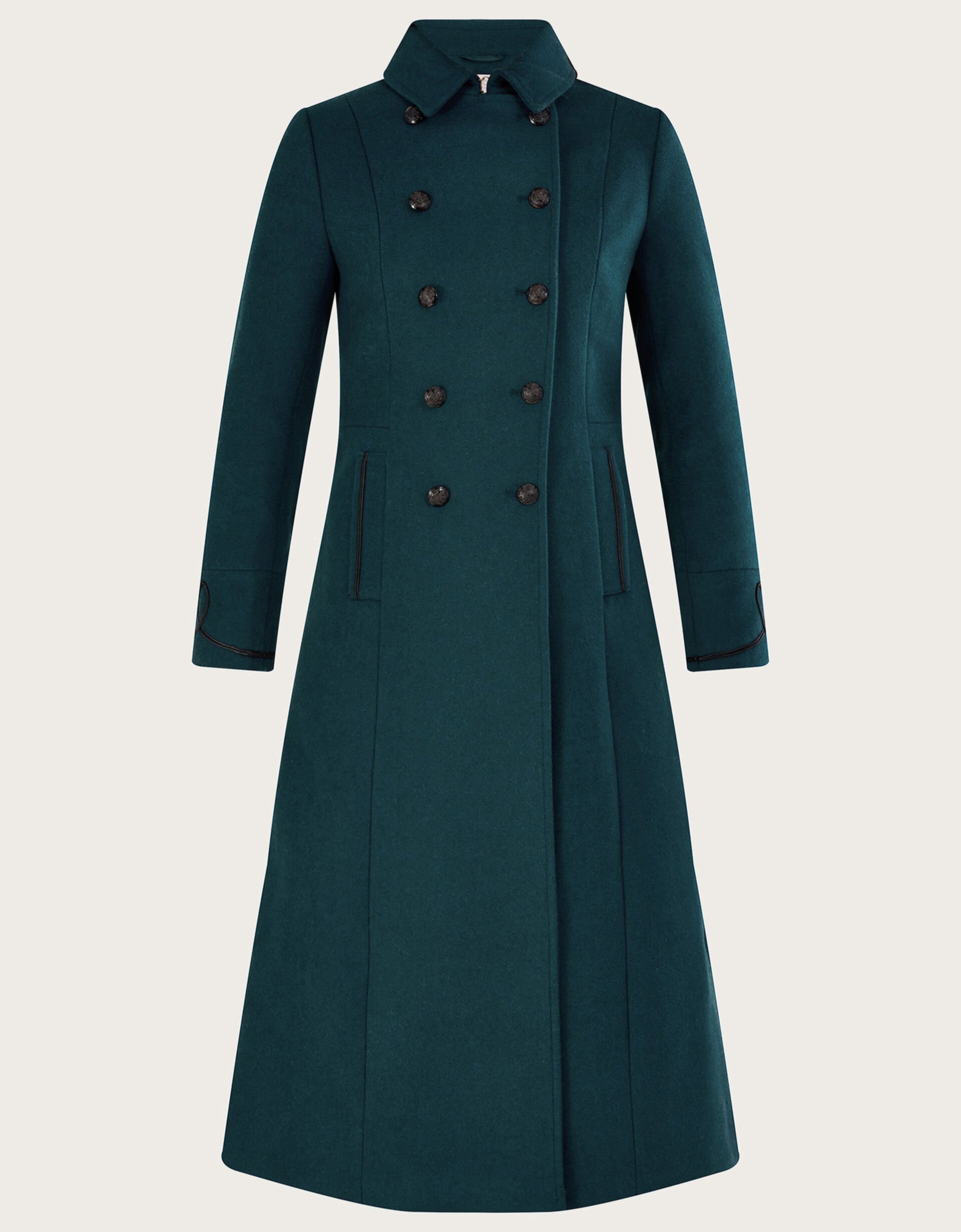 Minnie Military Long Coat in Wool Blend Teal | Women's Coats | Monsoon UK.