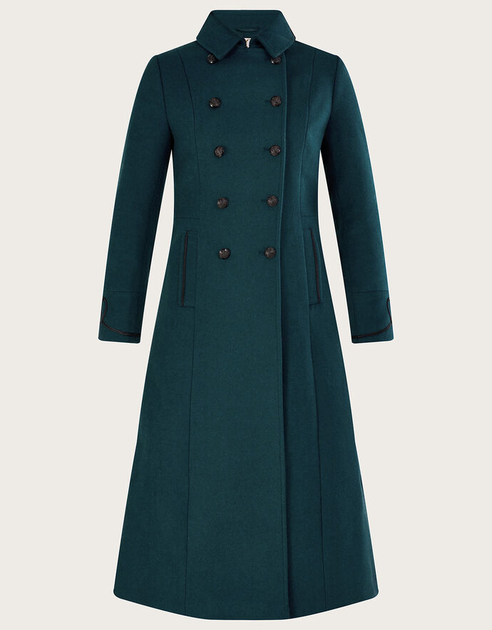 Minnie Military Long Coat in Wool Blend Teal | Women's Coats | Monsoon UK.