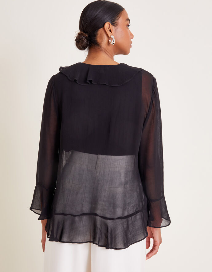 Fiona Sheer Frill Tie-Front Blouse Black