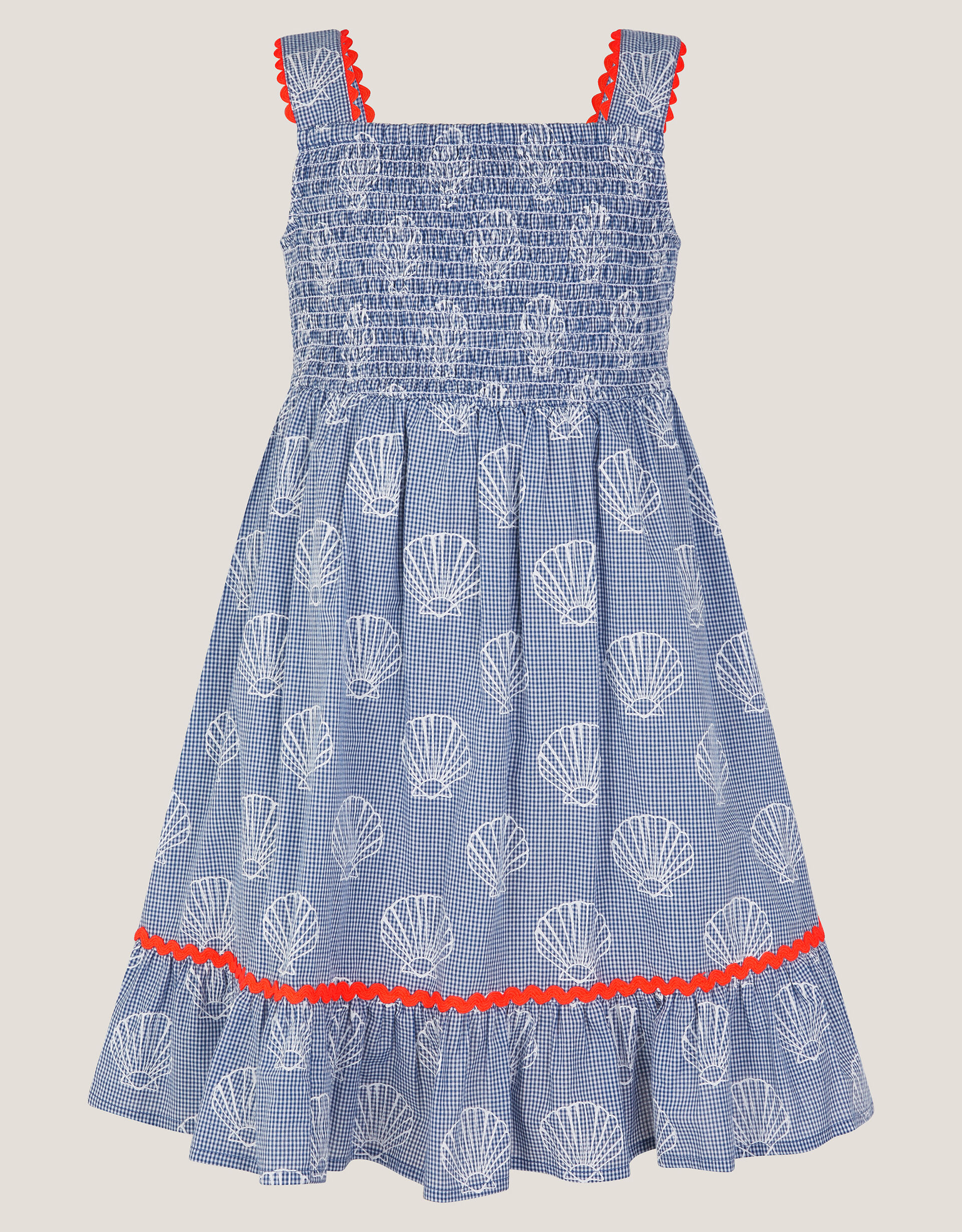 Shell Print Gingham Dress Blue