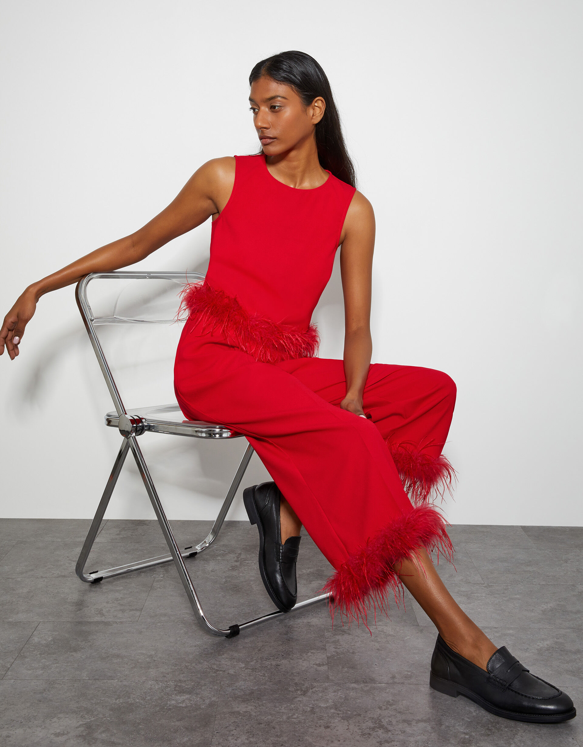 Monsoon x Sarah Corbett-Winder Feather Trim Cropped Trousers Red