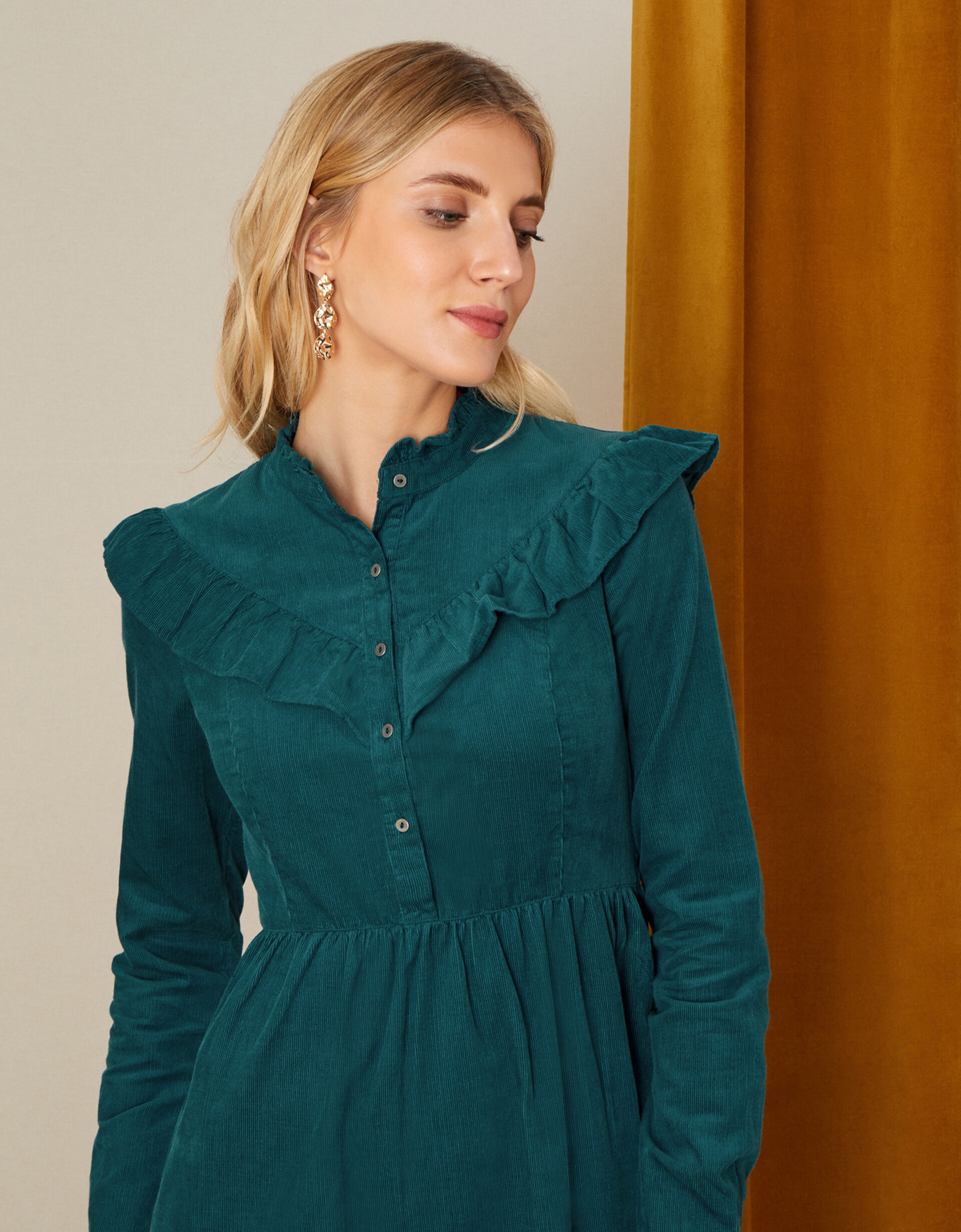 Sordan Plain Frill Cord Dress Teal | Teal Dresses | Monsoon UK.