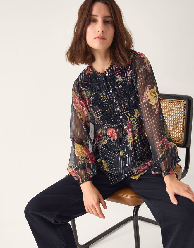 Azami Shimmer Stripe Floral Blouse Black | Tops & T-shirts | Monsoon UK.