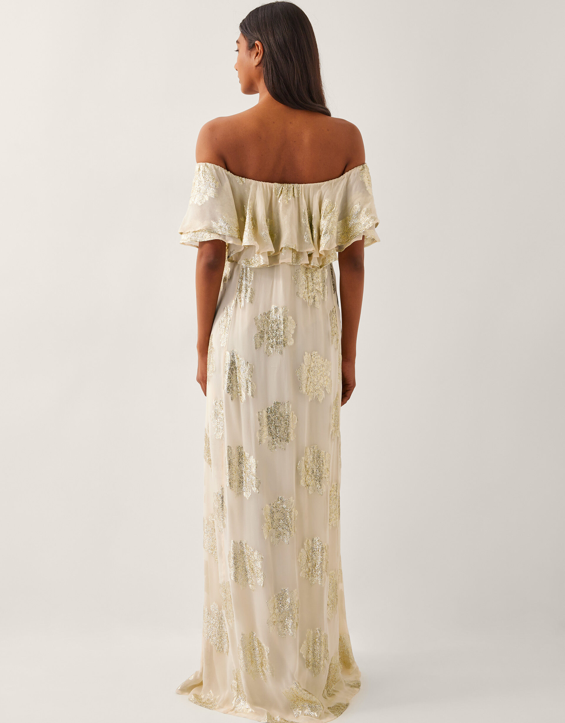 Lyra Metallic Ruffle Maxi Dress Ivory | Evening Dresses | Monsoon UK.