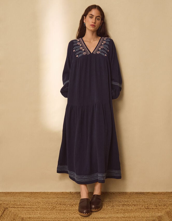 East Carita Hand-Embroidered Maxi Dress Blue