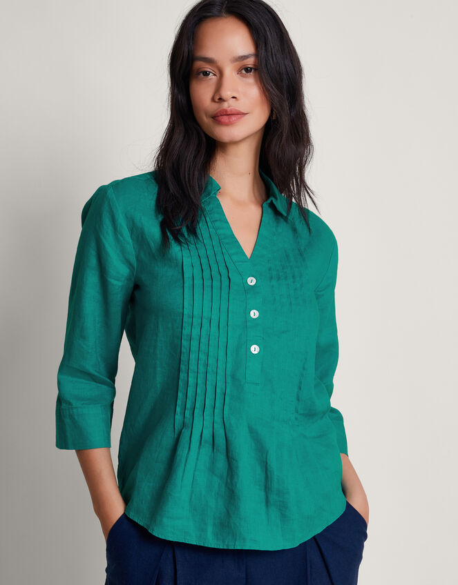 Elsie Pintuck Linen Blouse Teal | Tops & T-shirts | Monsoon UK.