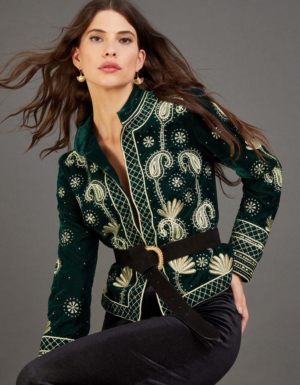 Violet Embellished Velvet Jacket Green | Women's Jackets | Monsoon UK.