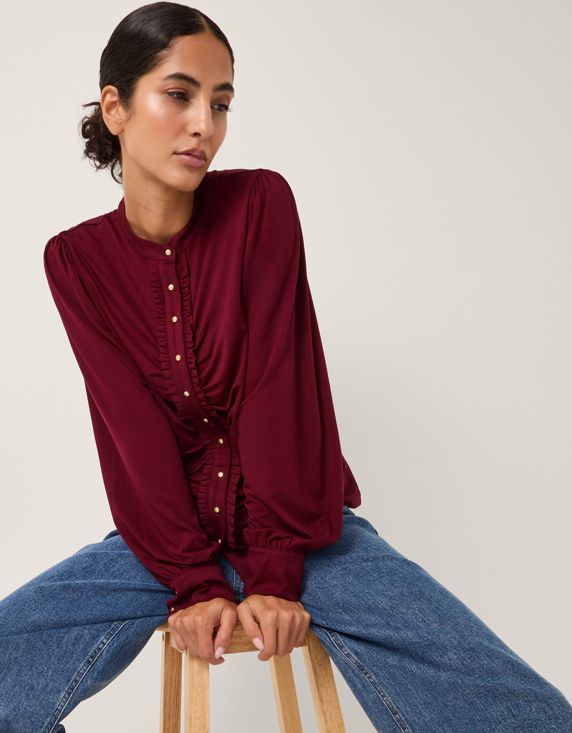 Jayne Ruched Frill Jersey Blouse Red