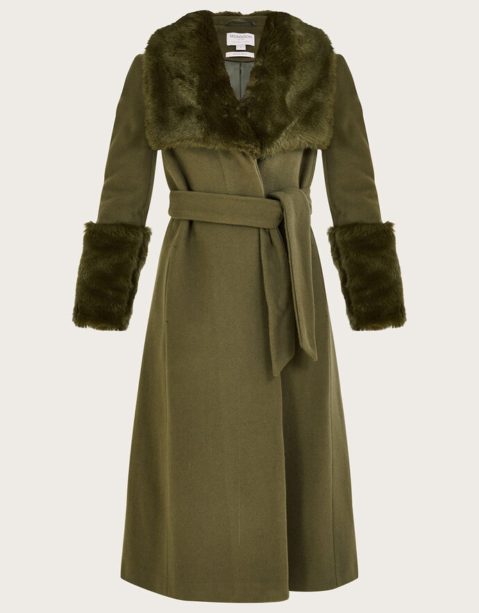 Sadie Faux Fur Trim Wrap Coat Green | Women's Coats | Monsoon UK.