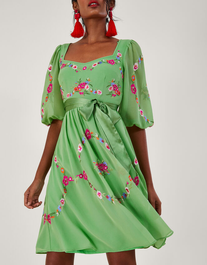 Emelia Floral Embroidered Dress in Recycled Polyester Green