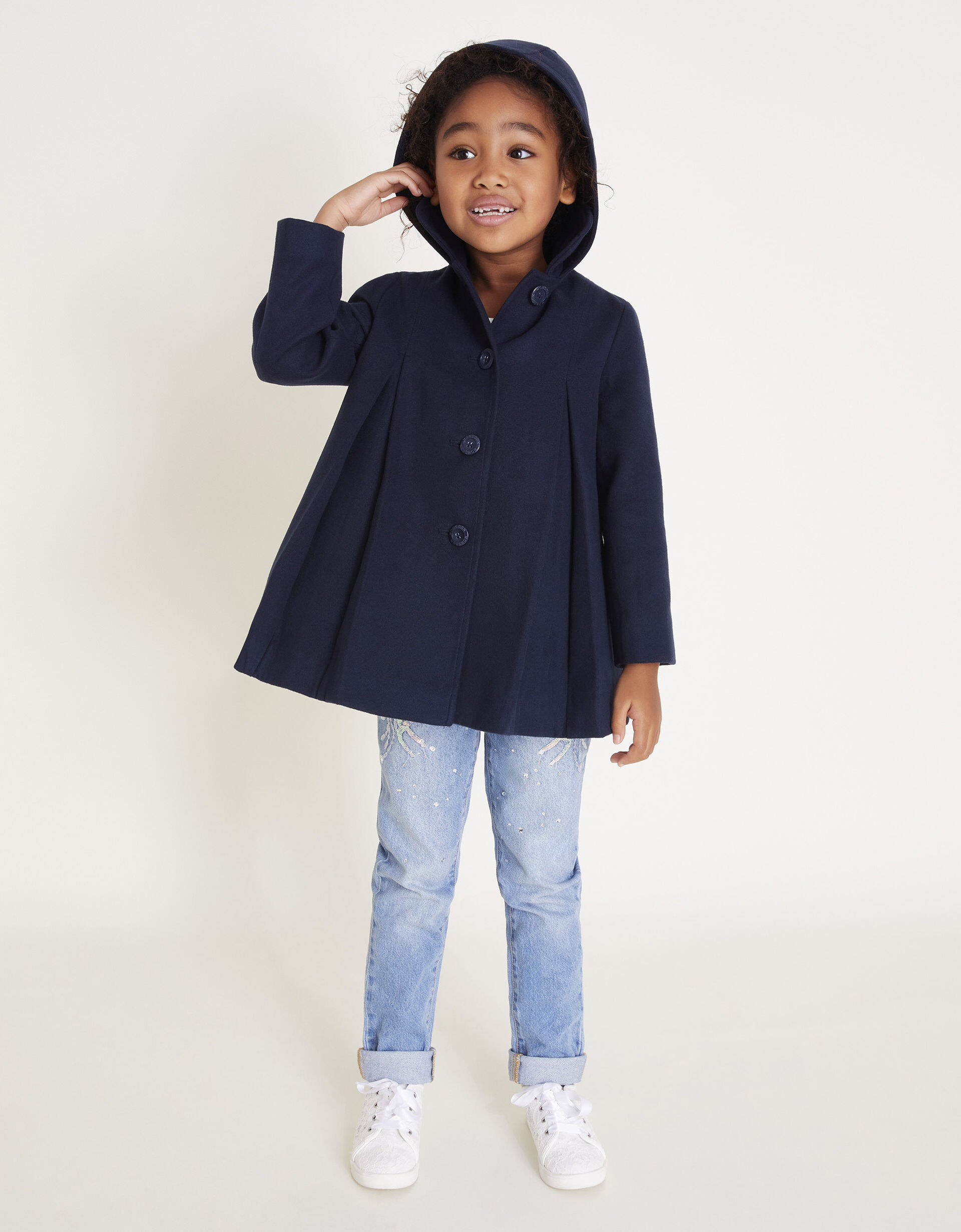 Hooded Round Collar Coat Blue