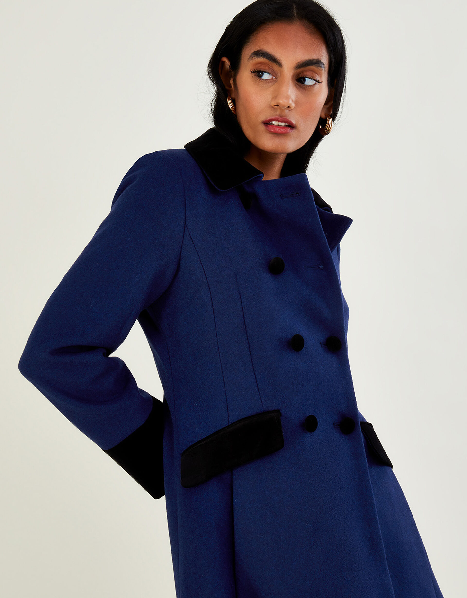 Velvet Trim Skirted Coat Blue | Women's Coats | Monsoon UK.