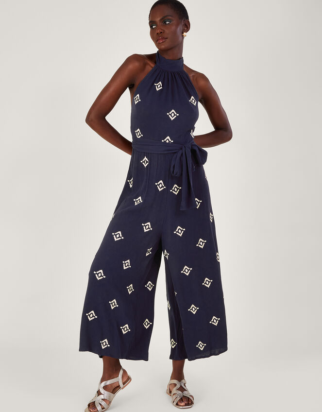 Embroidered Motif Halter Neck Jumpsuit Blue | Jumpsuits | Monsoon UK.