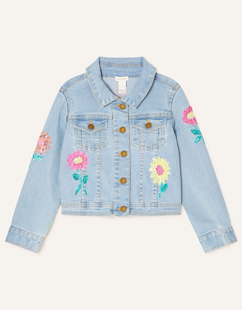 Sequin Flower Denim Jacket Blue | Girls' Coats & Jackets | Monsoon UK.