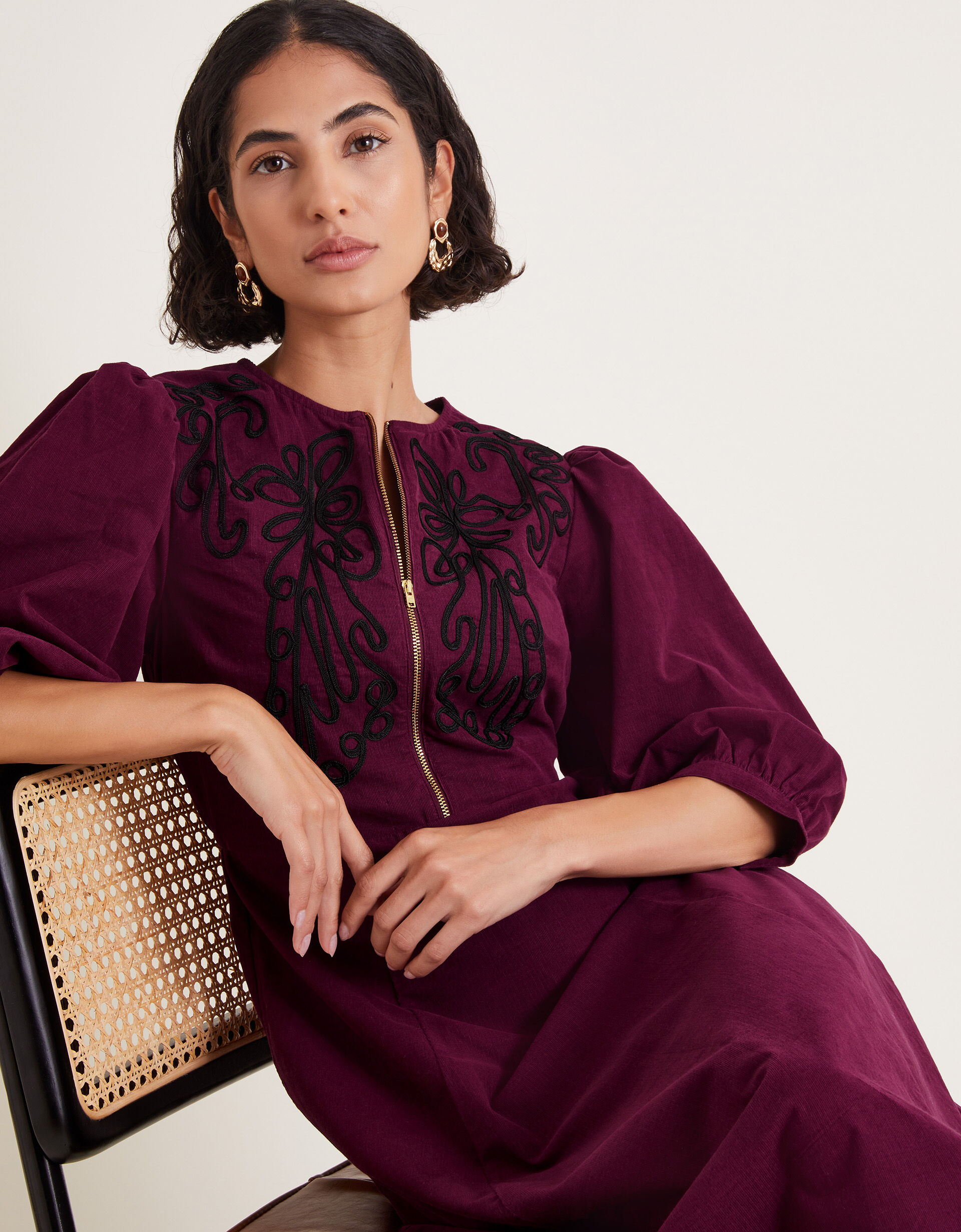 Kaia Embroidered Corduroy Midi Dress Red | Day Dresses | Monsoon UK.