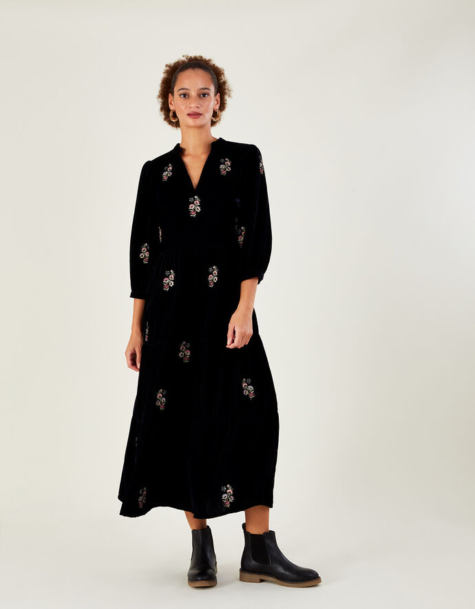 Amber Embroidered Tiered Velvet Dress Blue