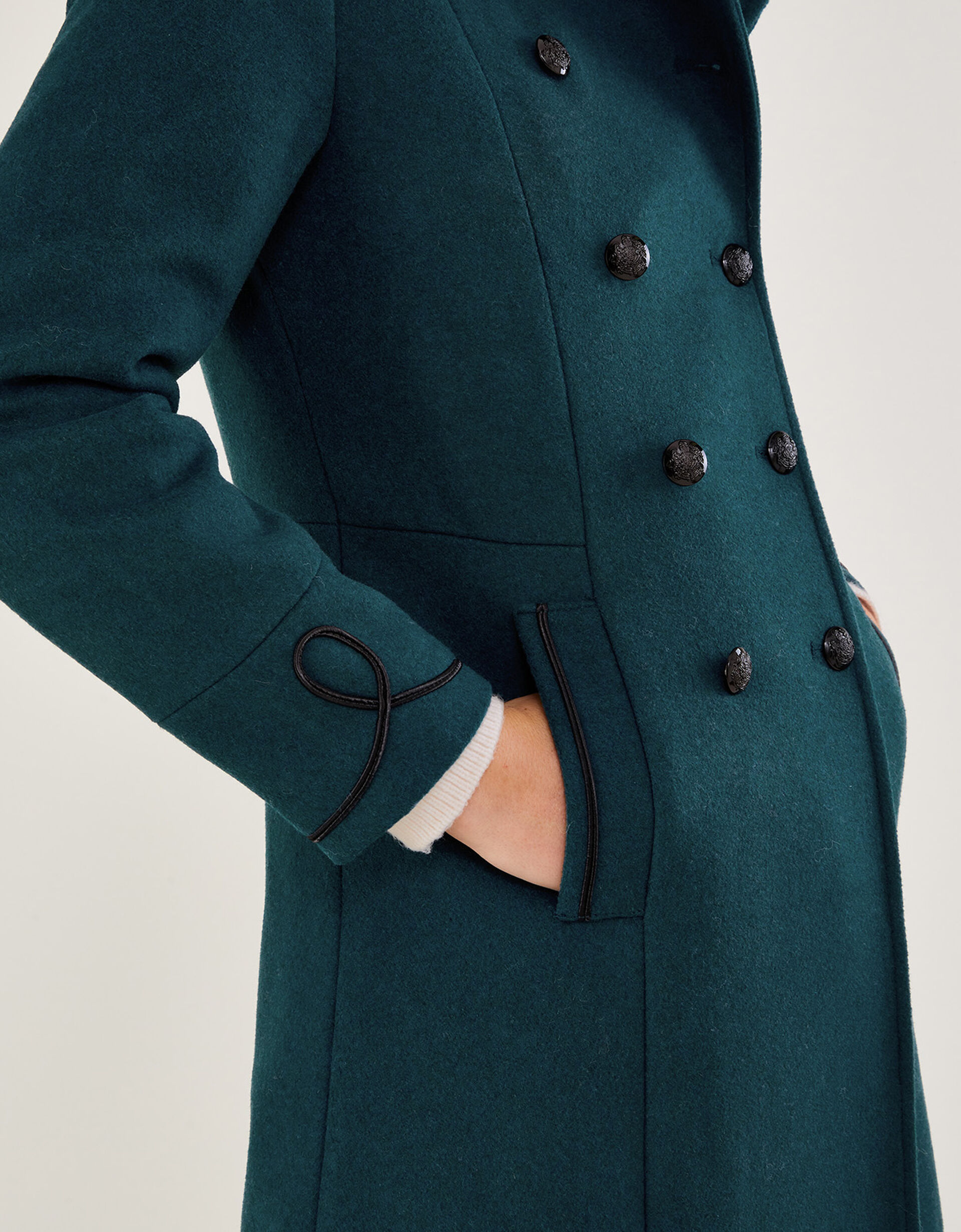 Minnie Military Long Coat in Wool Blend Teal | Women's Coats | Monsoon UK.