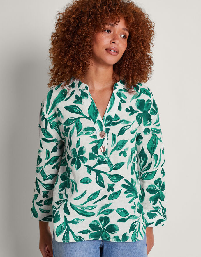 Naomi Print Linen Blouse Green