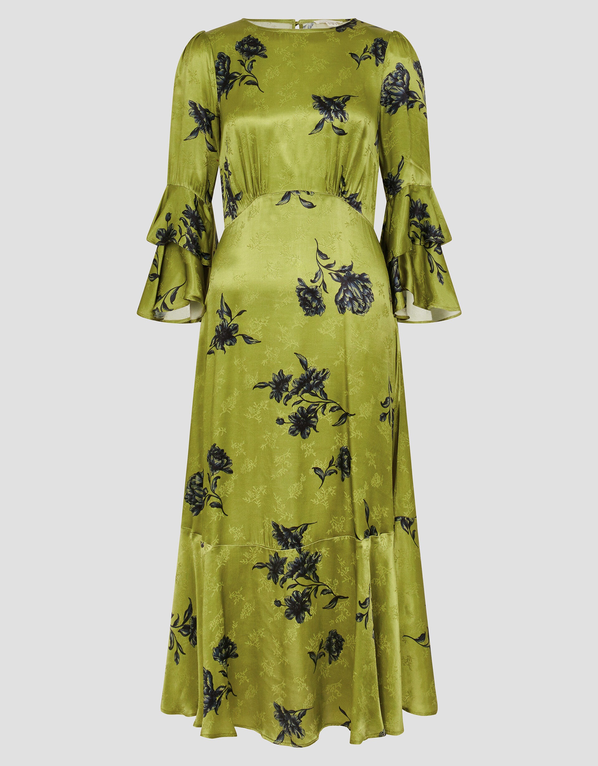 Pelia Satin Ruffle Midi Dress Green | Evening Dresses | Monsoon UK.