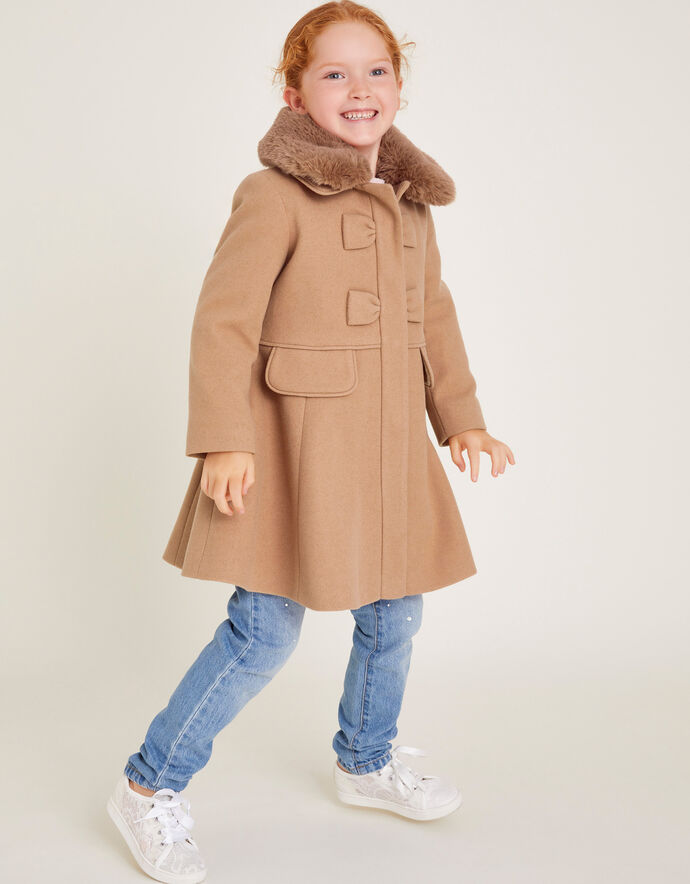 Faux Fur Collar Bow Swing Coat Camel | Girls' Coats & Jackets | Monsoon UK.