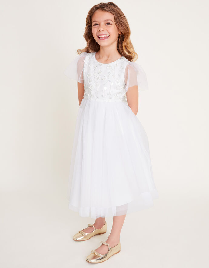 Bella Sequin Flower Communion Dress White