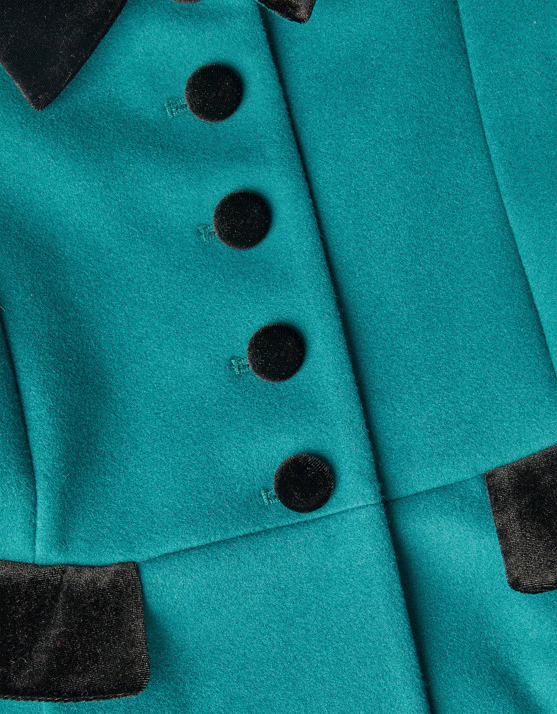 Velvet Trim Skirted Wool Blend Coat Teal