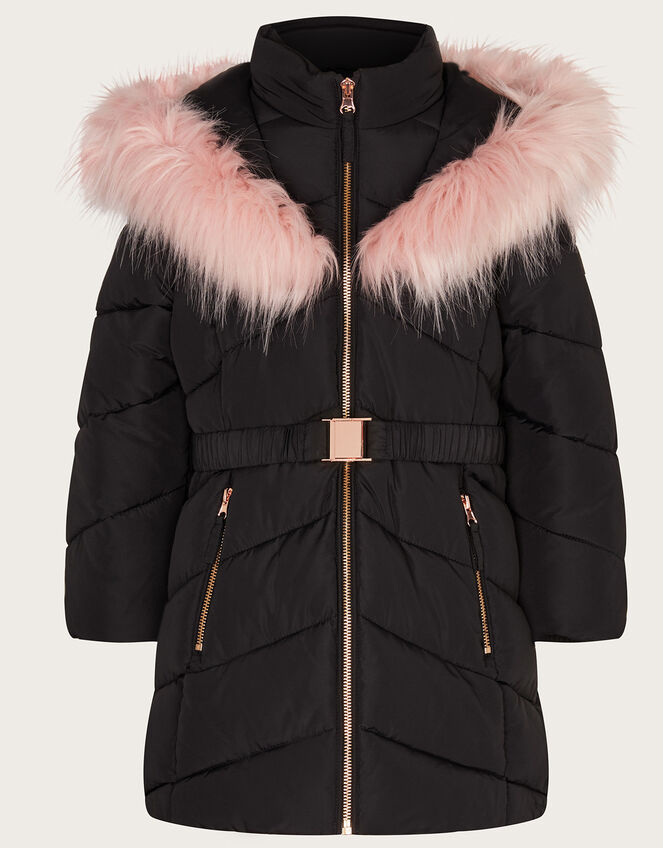 Belted Faux Fur Hooded Coat Black | Girls' Coats & Jackets | Monsoon UK.