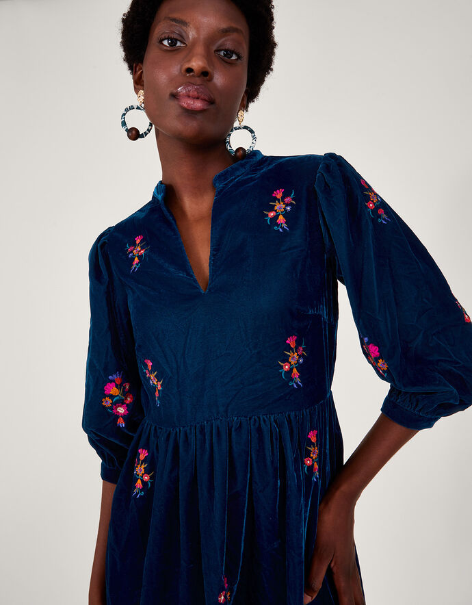 Faith Embroidered Velvet Dress Teal