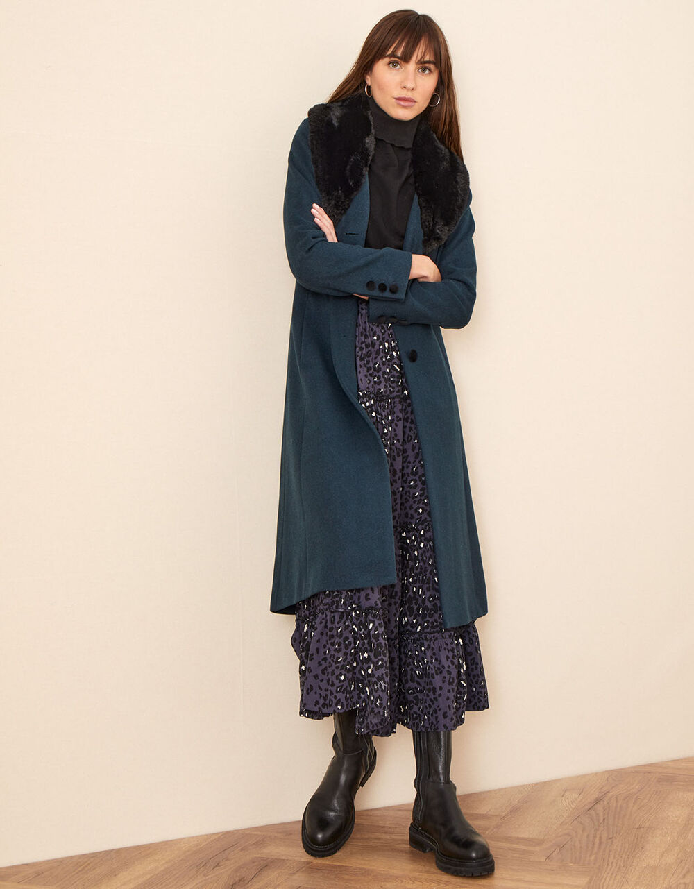 Jasmine Faux Fur Collar Coat Teal | Women's Coats | Monsoon UK.