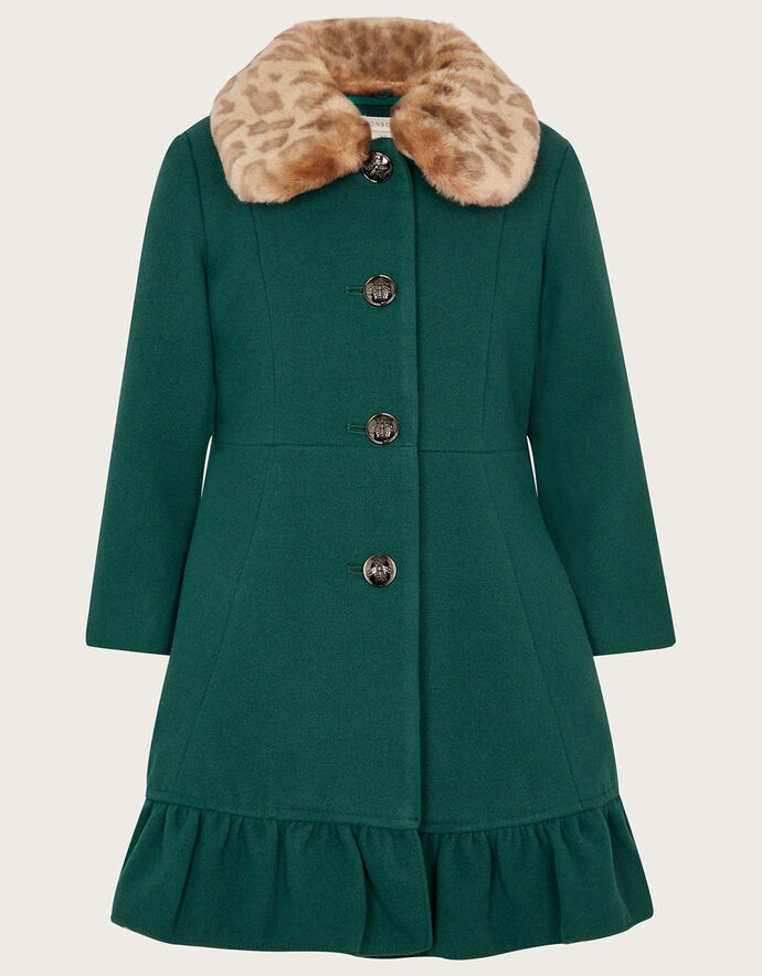 Ruffle Hem Fur Collar Coat Green